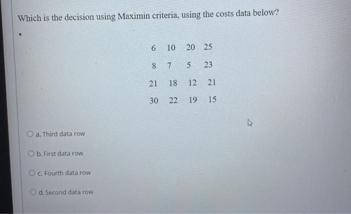Solved Which is the decision using Maximin criteria, using | Chegg.com
