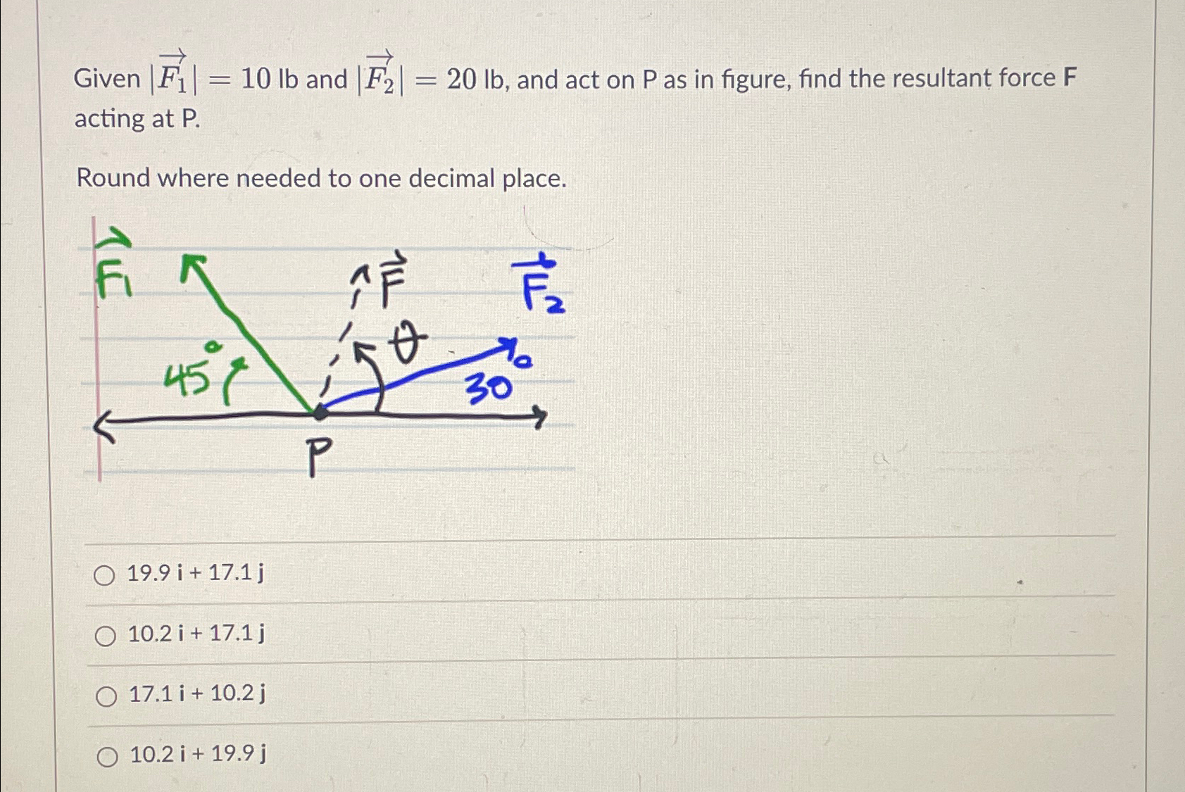 Solved Given |vec(F1)|=10lb ﻿and |vec(F2)|=20lb, ﻿and act on | Chegg.com
