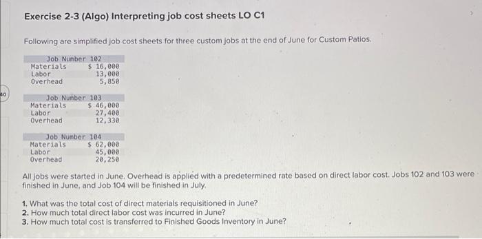 Solved Exercise 2-3 (Algo) Interpreting job cost sheets LO | Chegg.com