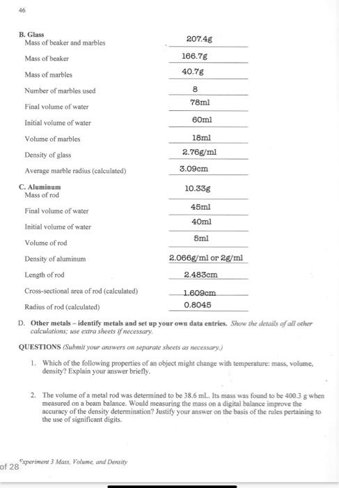 Solved REPORT ON EXPERIMENT 3 Mass, Volume, and Density DATA | Chegg.com