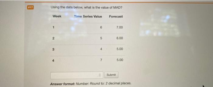 Solved Using the data below, what is the value of MAD? | Chegg.com