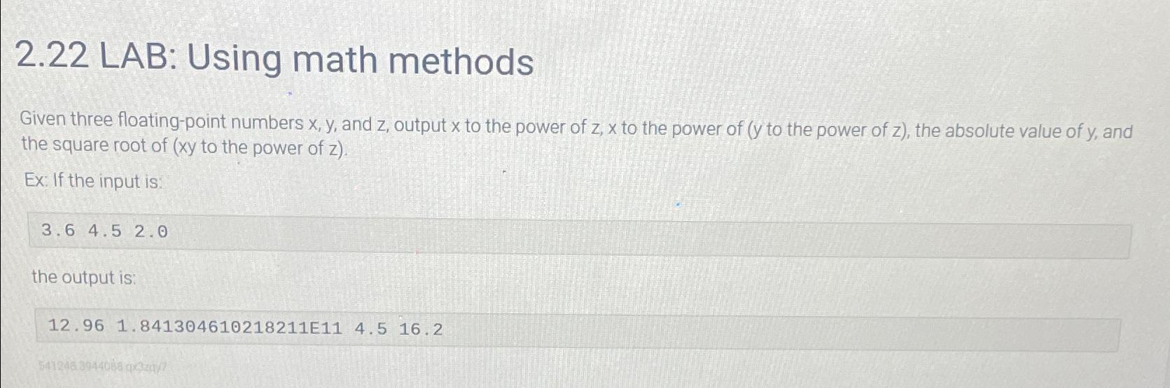 Solved 2.22 ﻿LAB: Using math methodsGiven three | Chegg.com