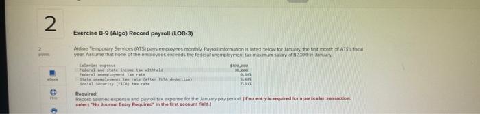 Exercise 8-9 (Algo) Record poyroll (LOB-3) yes. | Chegg.com