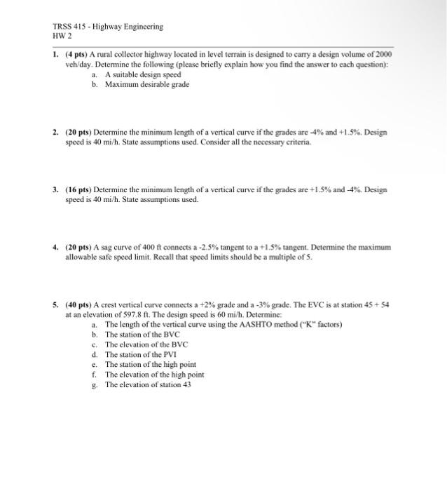 Solved 1. (4 pts) A rural collector highway located in level | Chegg.com