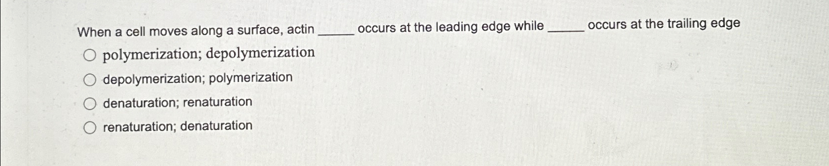 Solved When a cell moves along a surface, actin occurs at | Chegg.com