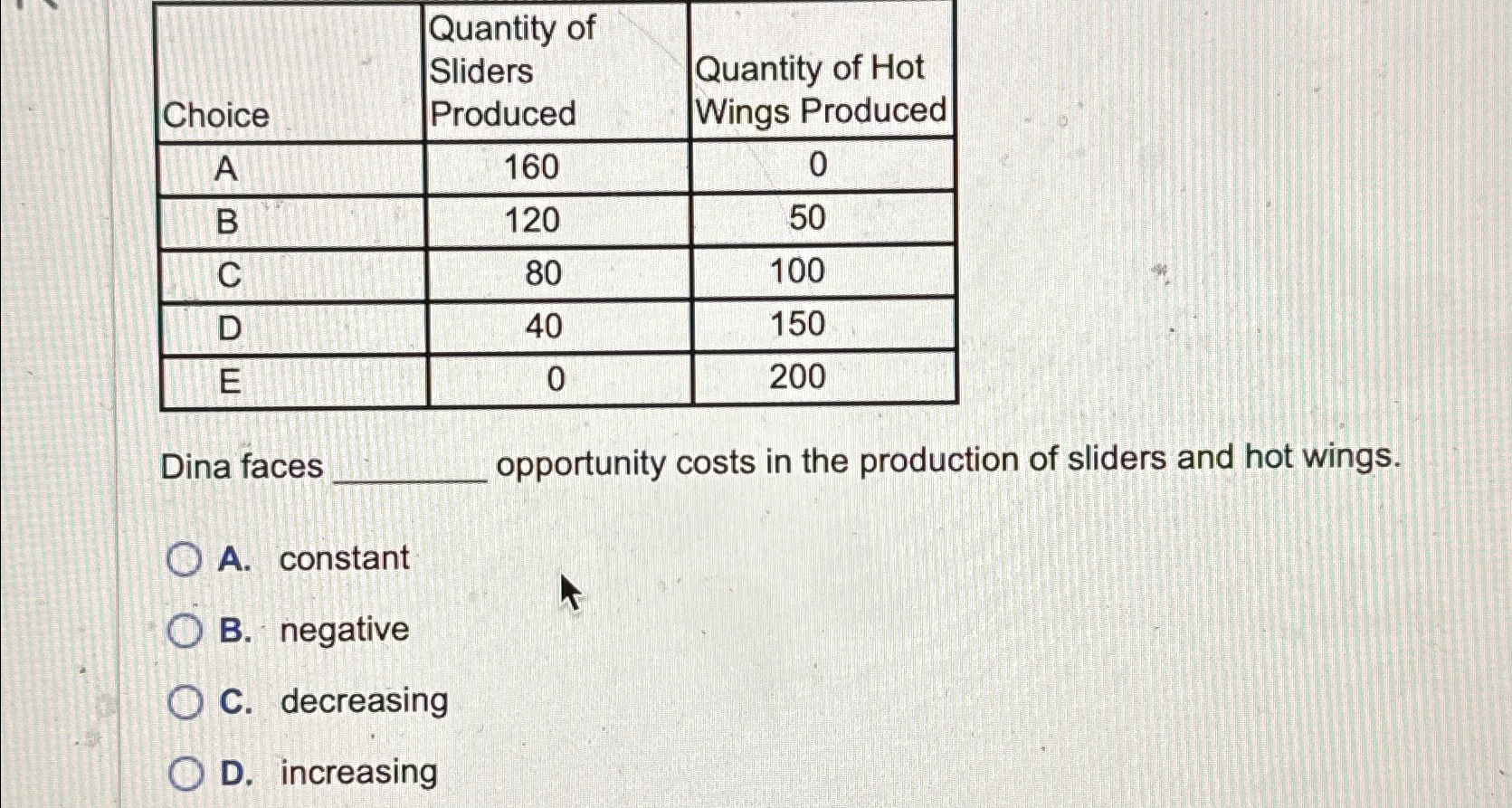 Solved \table[[Choice,\table[[Quantity | Chegg.com