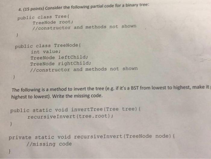 Solved 4. (15 points) Consider the following partial code | Chegg.com