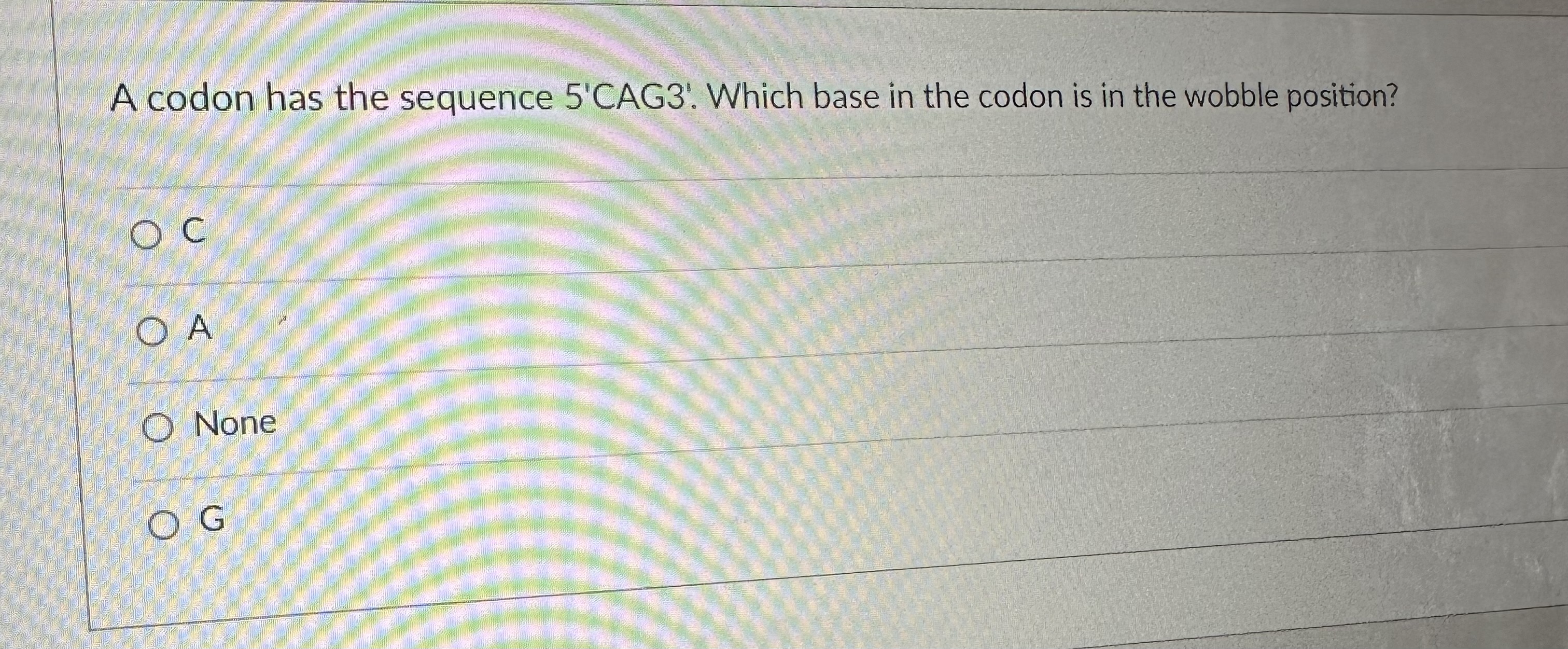 Solved A codon has the sequence 5 ﻿'CAG3'. ﻿Which base in | Chegg.com
