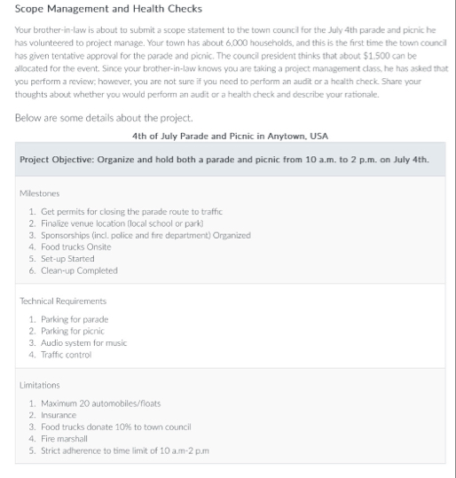 Solved Scope Management and Health ChecksYour brother-in-law | Chegg.com