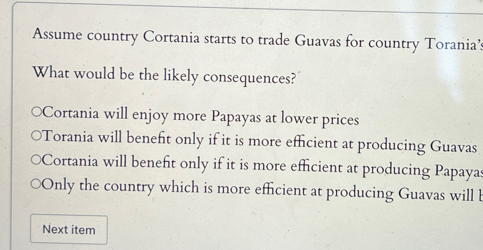 Solved Assume country Cortania starts to trade Guavas for | Chegg.com Solved Assume country Cortania starts to trade Guavas for | Chegg.com