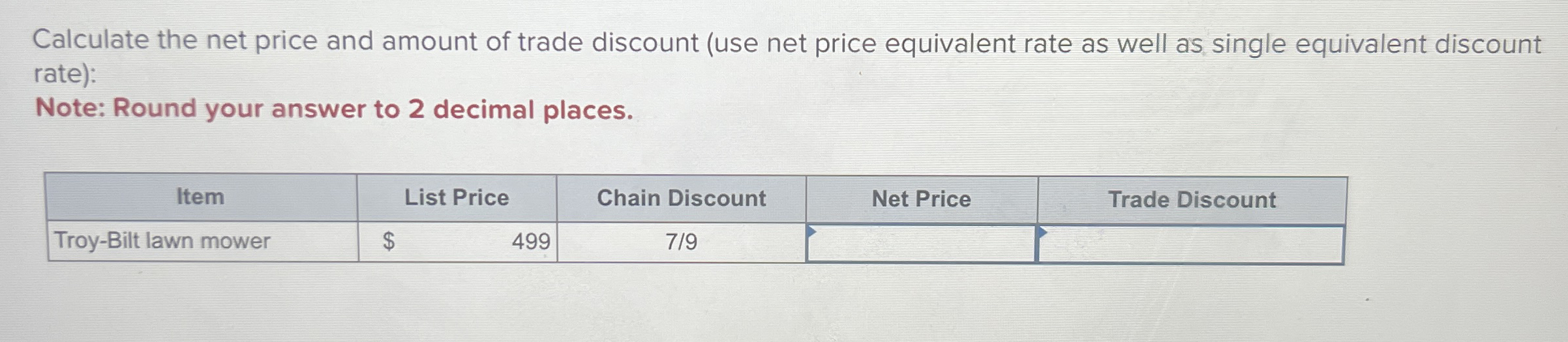 Solved Calculate the net price and amount of trade discount | Chegg.com