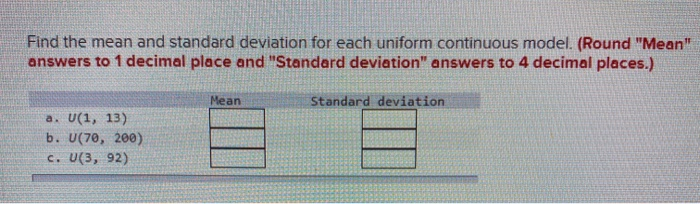 Solved Find the mean and standard deviation for each uniform | Chegg.com