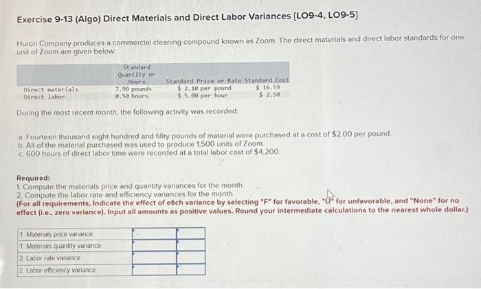 Solved Exercise 9-13 (Algo) Direct Materials and Direct | Chegg.com