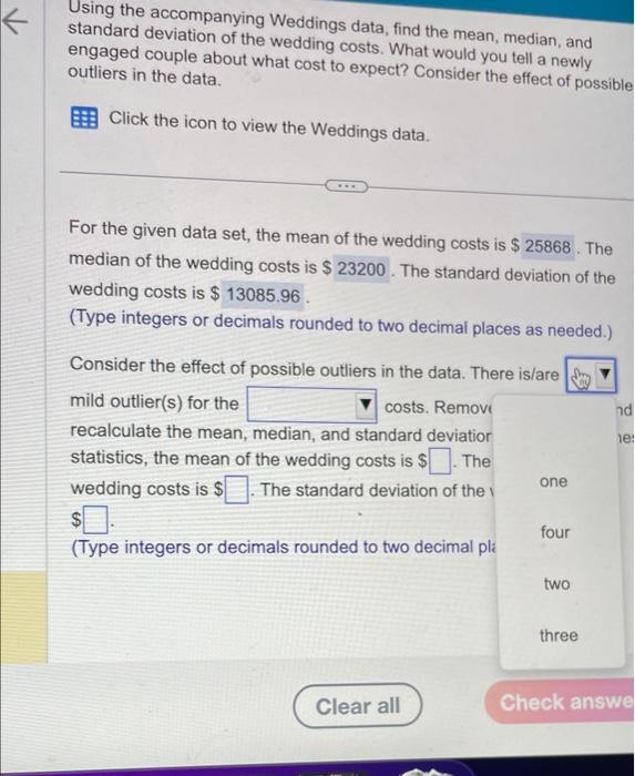 [Solved]: Using the accompanying Weddings data, find the m