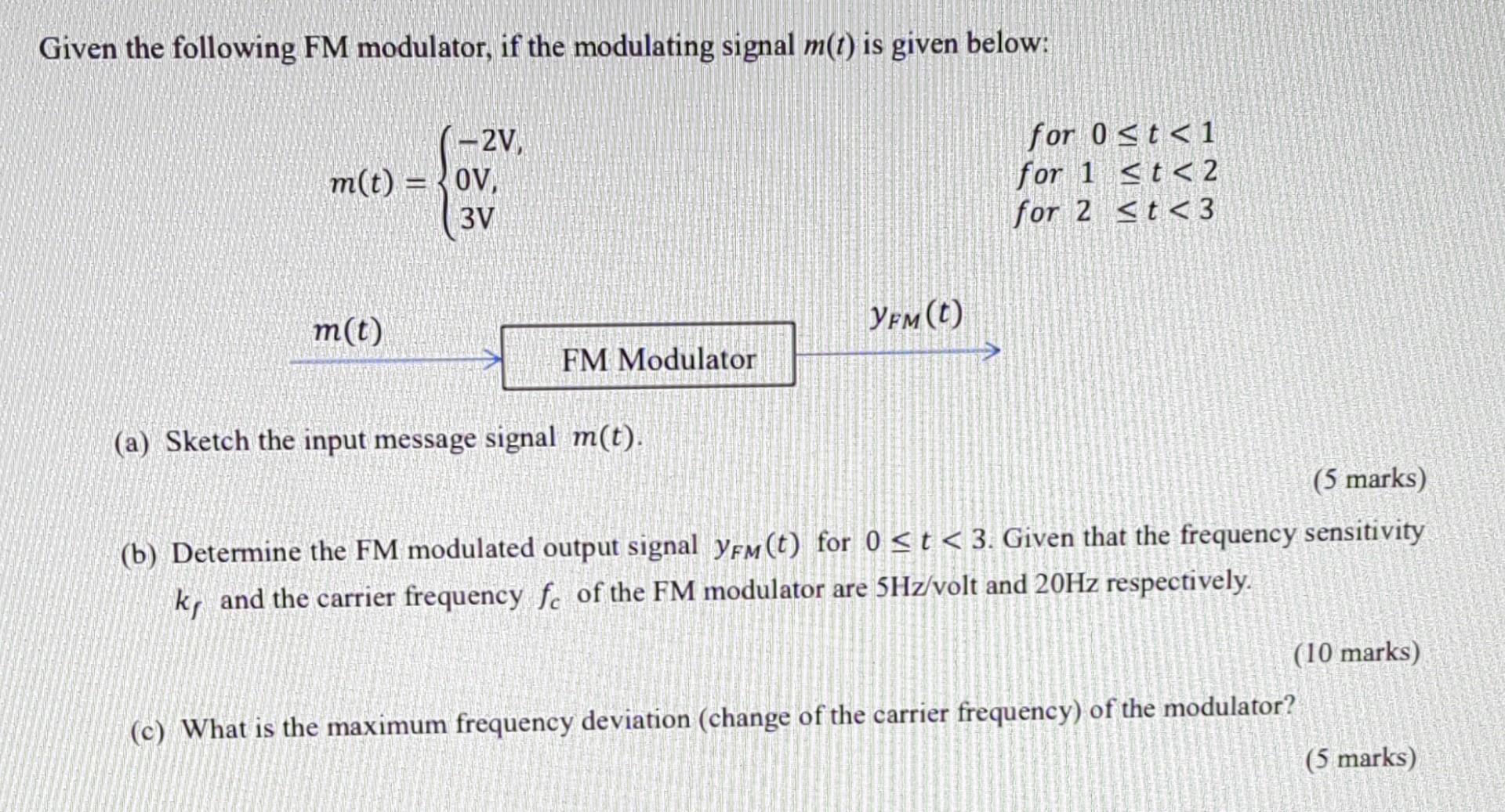 Solved Given the following FM modulator, if the modulating | Chegg.com