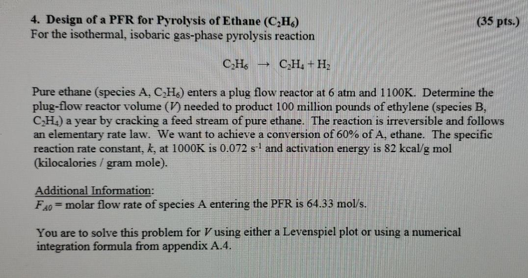 Solved 4. Design of a PFR for Pyrolysis of Ethane (C2H) For | Chegg.com