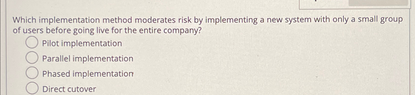 Solved Which implementation method moderates risk by | Chegg.com