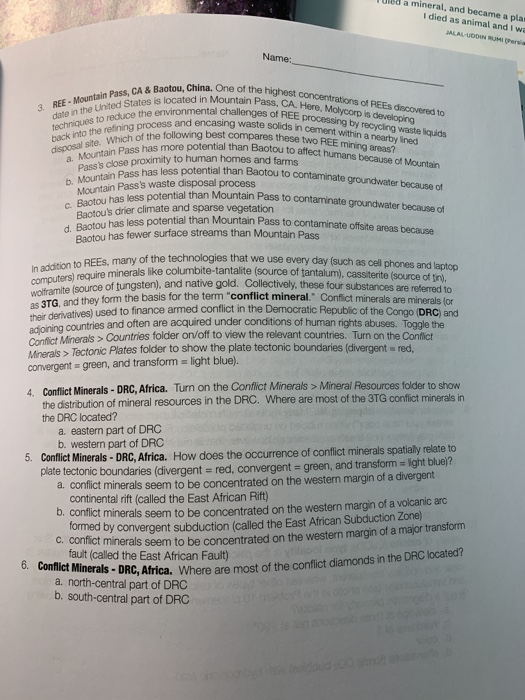 Geotour Worksheet Minerals Circle the letter next to | Chegg.com