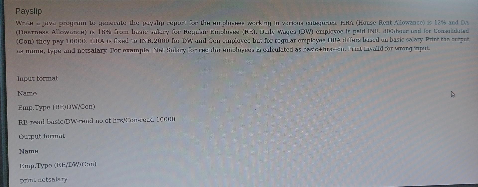 Solved Write a java program to generate the payslip report | Chegg.com