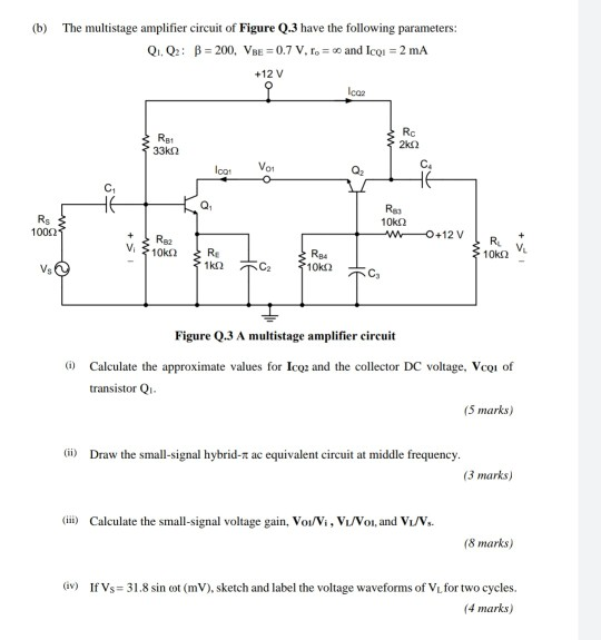 Solved (b) The multistage amplifier circuit of Figure Q.3 | Chegg.com
