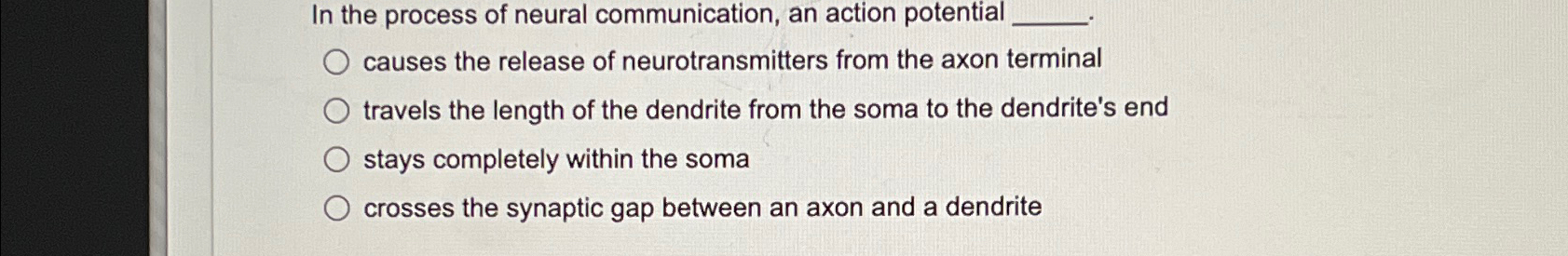 Solved In the process of neural communication, an action | Chegg.com