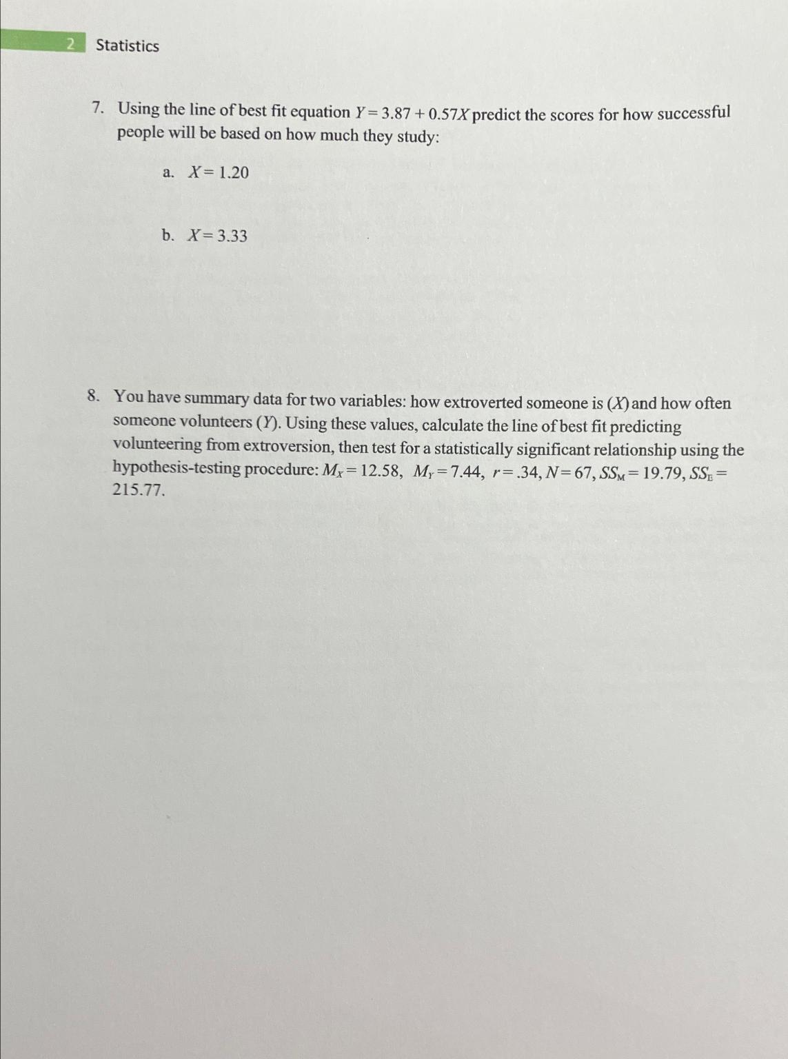 Solved 2 ﻿Statistics7. ﻿Using the line of best fit equation | Chegg.com