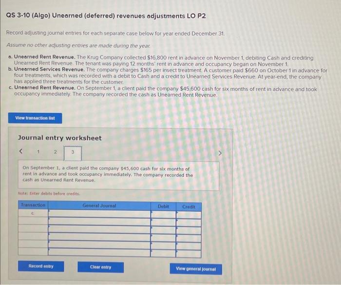 Solved QS 3-10 (Algo) Unearned (deferred) revenues | Chegg.com