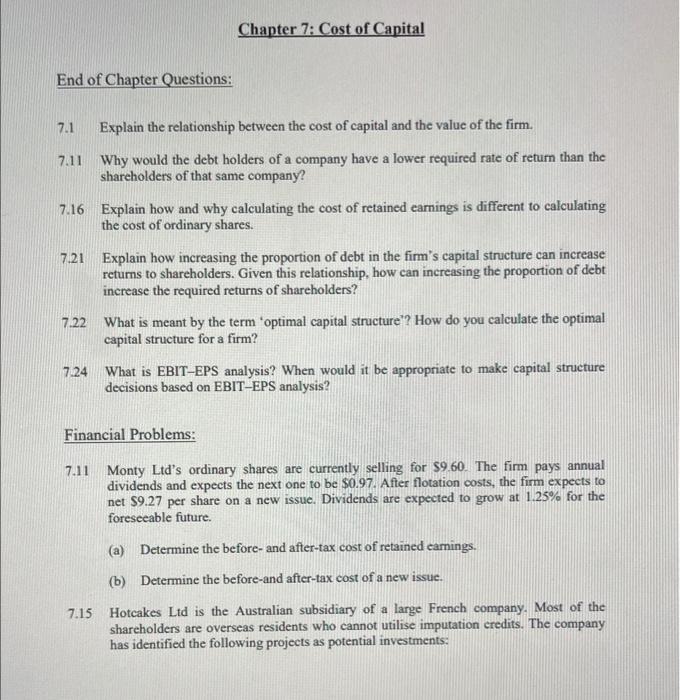 Solved Chapter 7: Cost of Capital End of Chapter Questions: | Chegg.com