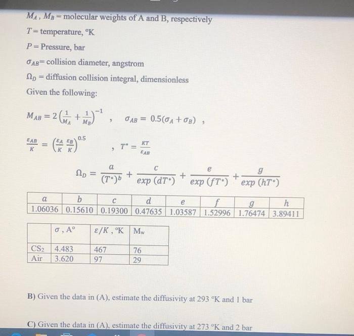 Solved A) Estimate the diffusivity of carbon disulfide vapor | Chegg.com