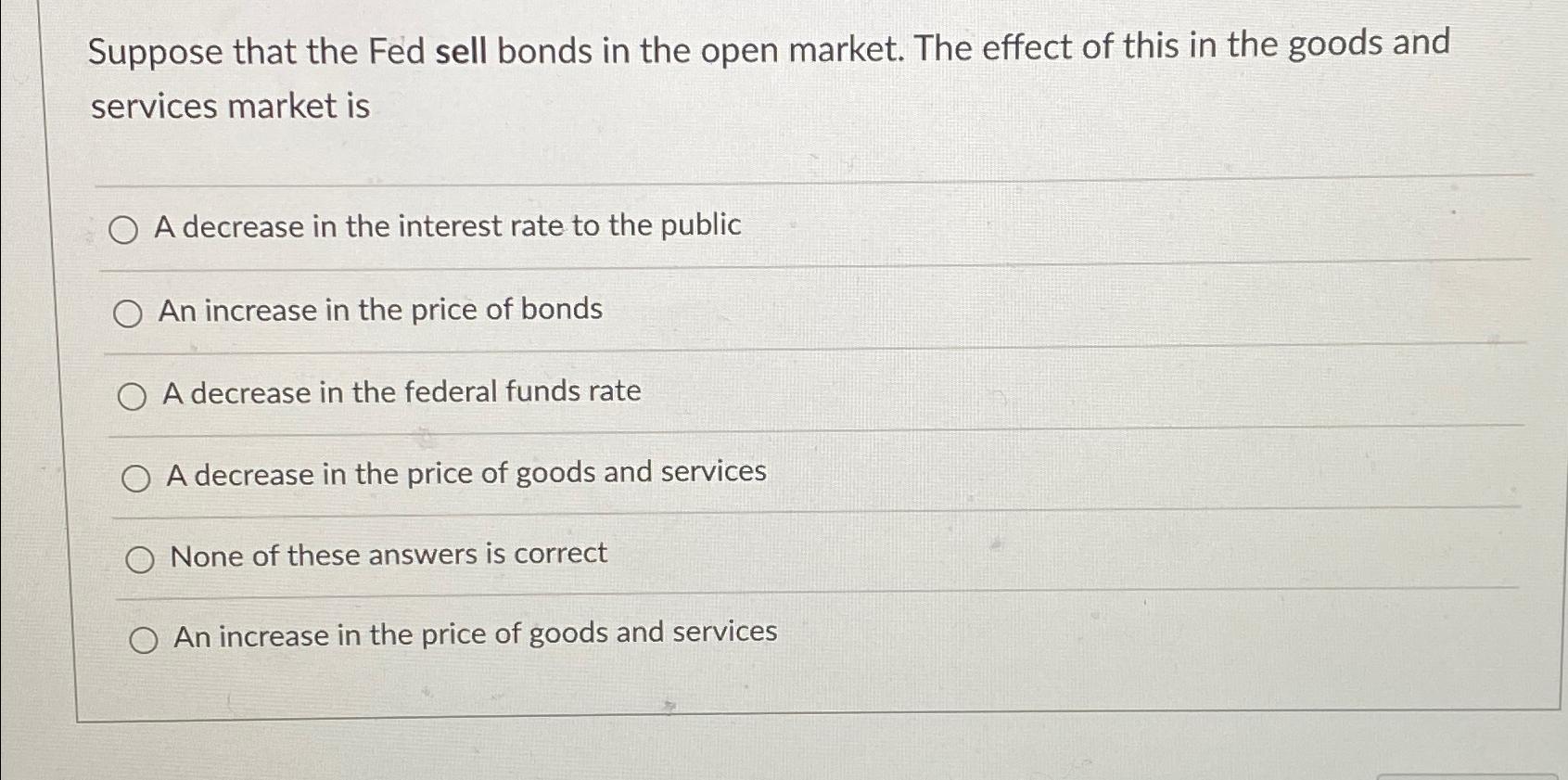 Solved Suppose that the Fed sell bonds in the open market. | Chegg.com