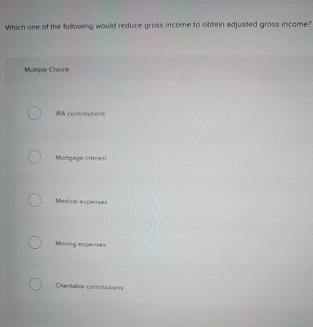 Solved Which one of the following would reduce gross income | Chegg.com