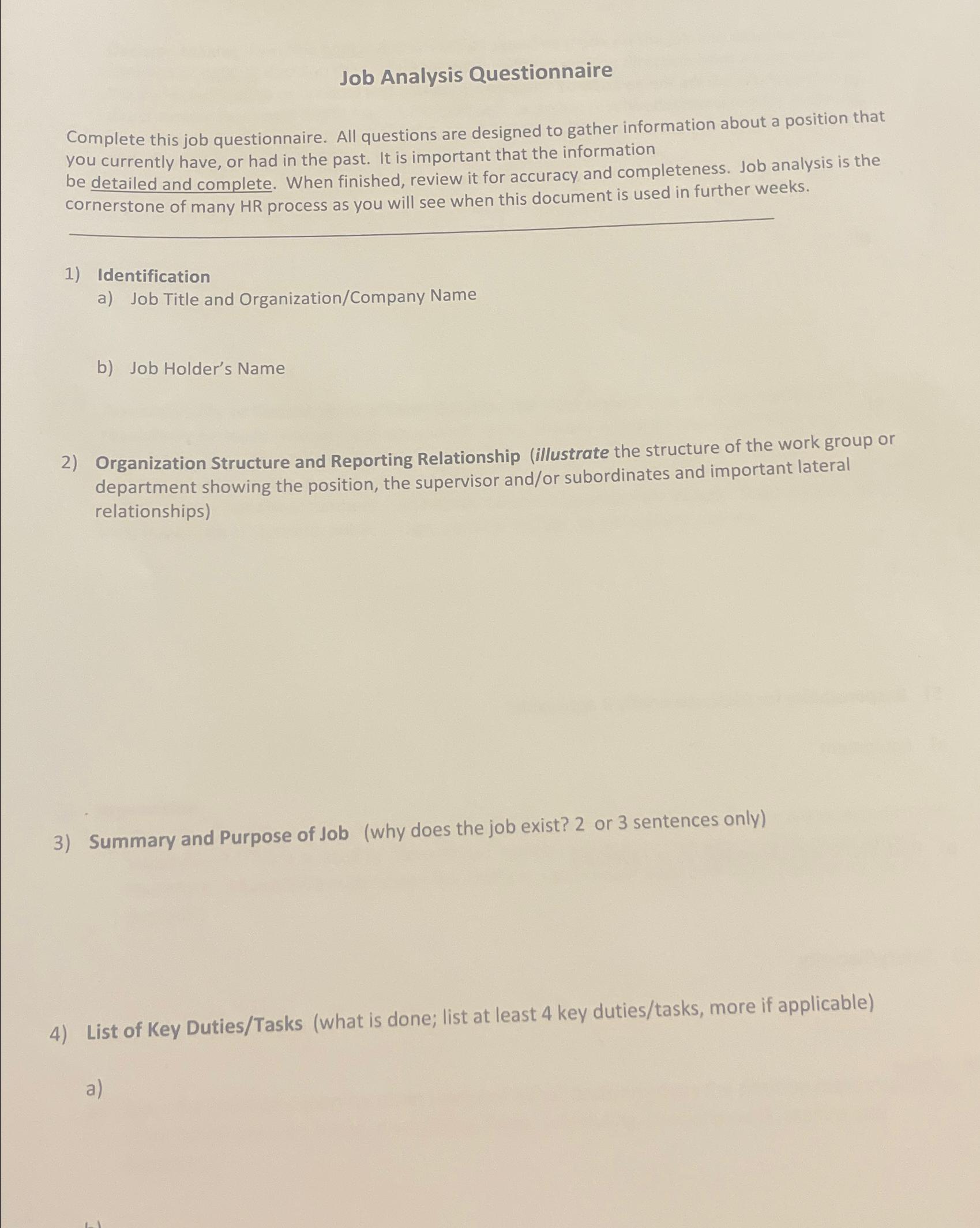 Solved Job Analysis QuestionnaireComplete this job | Chegg.com