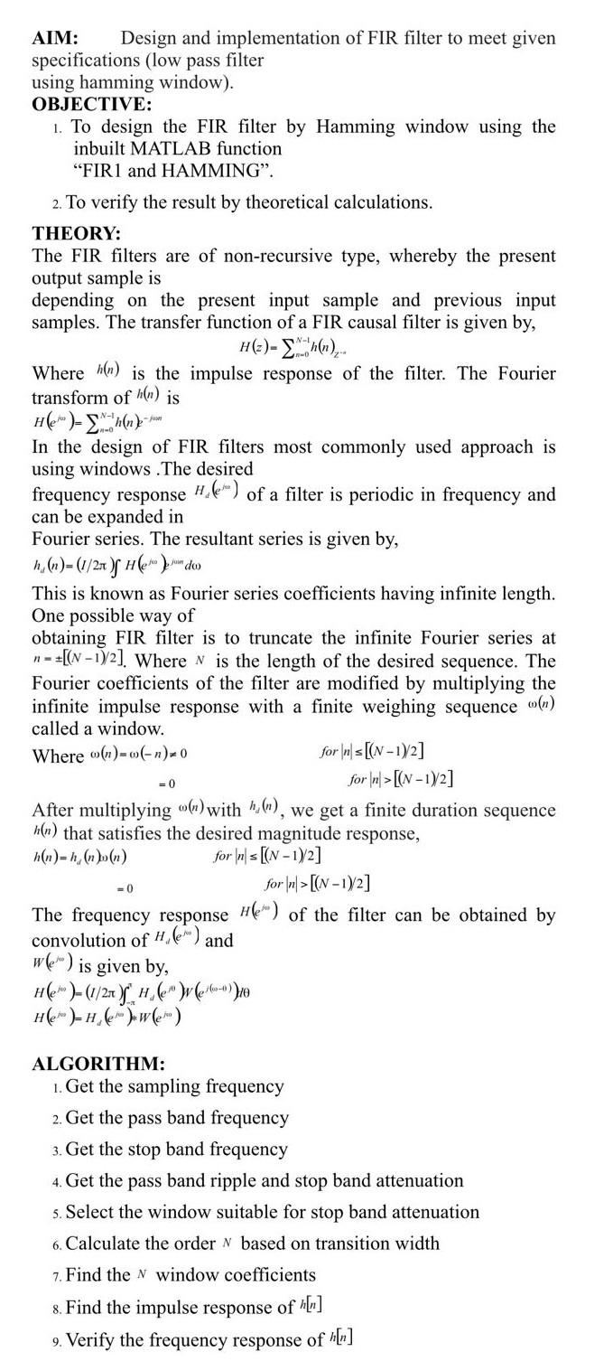 Solved AIM: Design and implementation of FIR filter to meet | Chegg.com