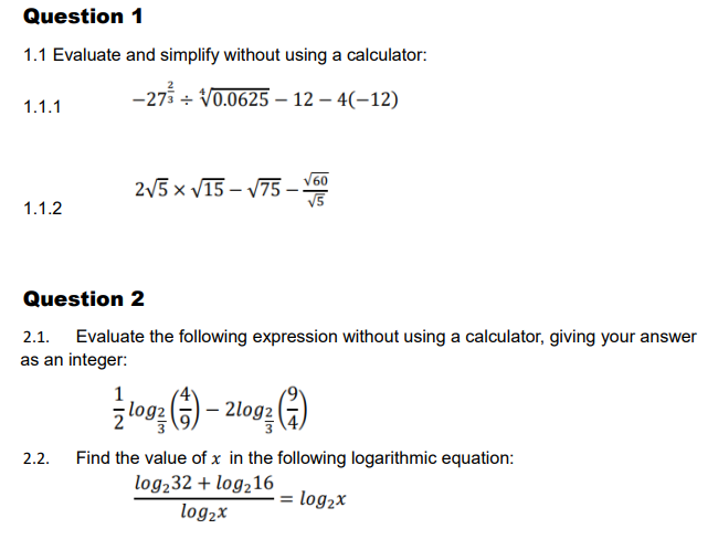Solved Question 1Question 22.1. ﻿Evaluate the following | Chegg.com