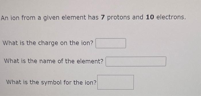 Solved An ion from a given element has 7 protons and 10 | Chegg.com