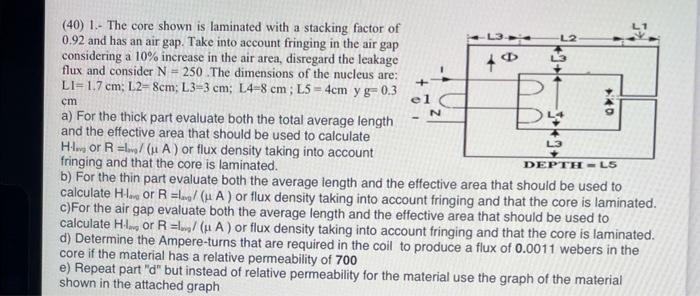 Solved (40) 1.- The core shown is laminated with a stacking | Chegg.com