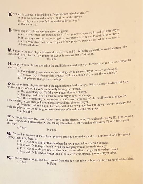 Solved A.In the game theory, the row player and the column | Chegg.com