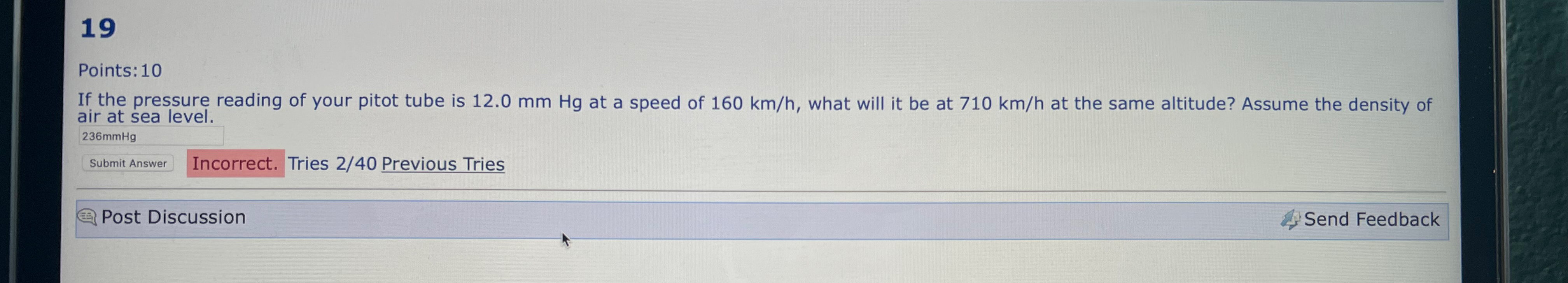 Solved 19Points: 10If the pressure reading of your pitot | Chegg.com