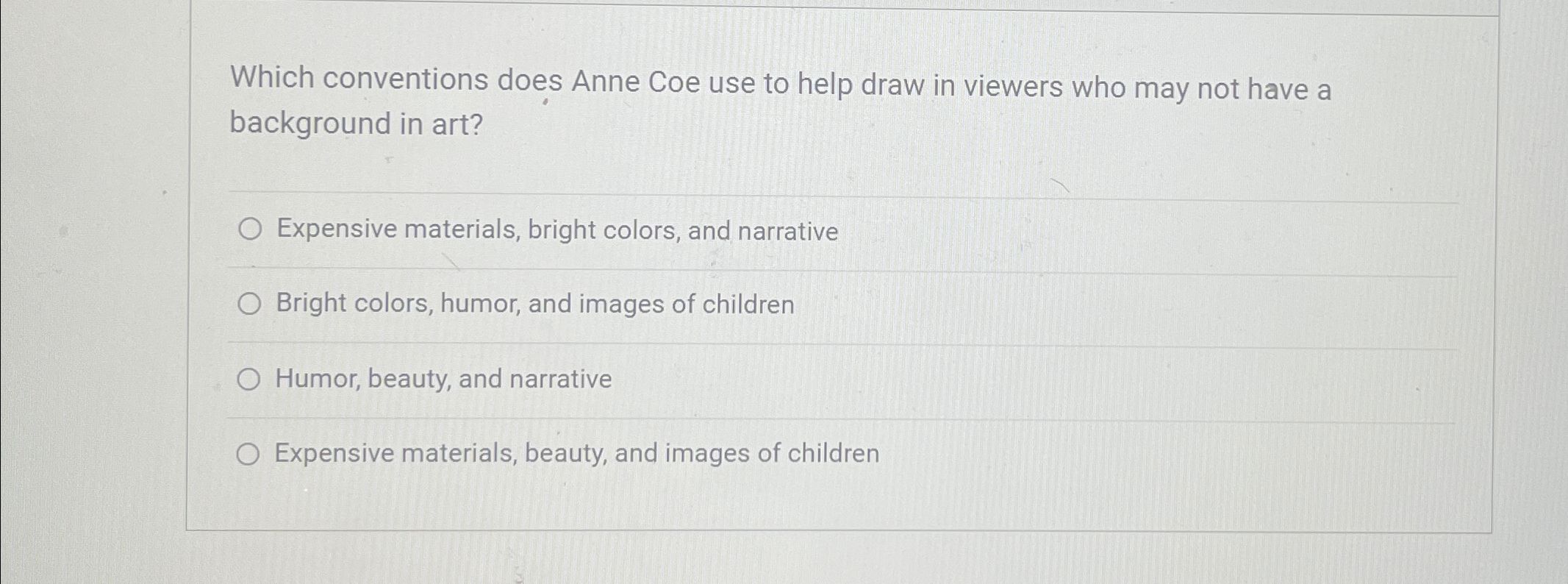 Which conventions does Anne Coe use to help draw in | Chegg.com