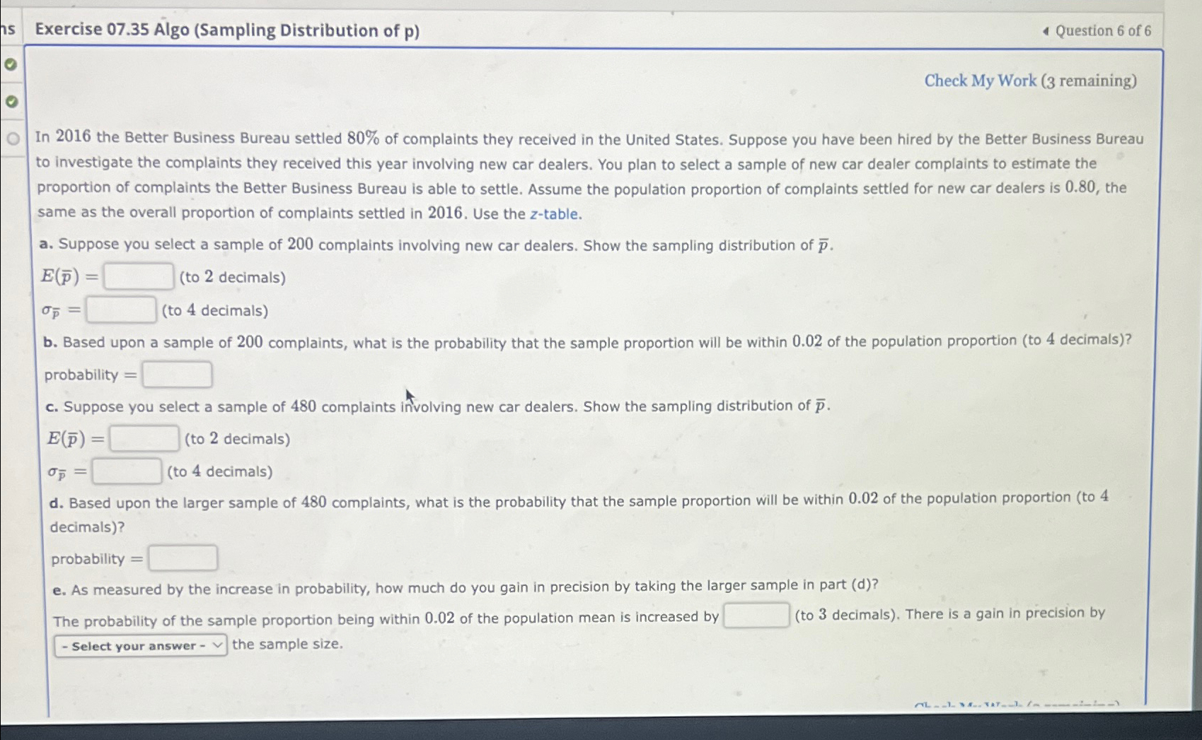 Solved Exercise 07.35 ﻿Algo (Sampling Distribution of p)1 | Chegg.com