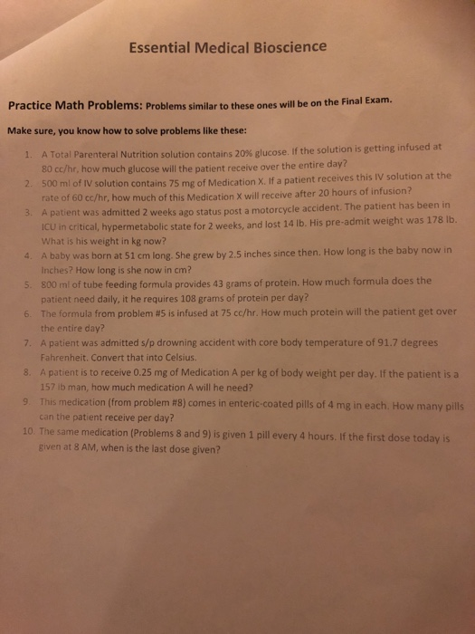Solved Essential Medical Bioscience Practice Math Problems: | Chegg.com