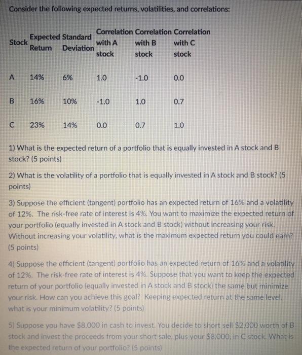 Consider the following expected returns, | Chegg.com