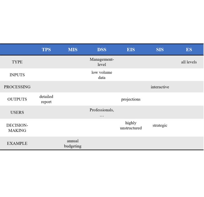 Solved TPS MIS EIS SIS ES TYPE DSS Management- level low | Chegg.com