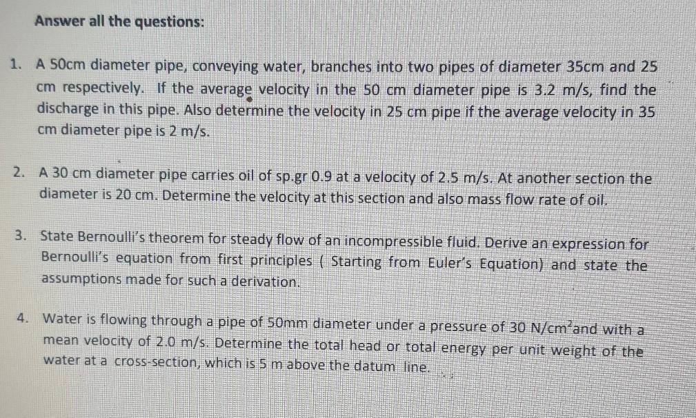 Solved Answer all the questions: 1. A 50cm diameter pipe, | Chegg.com