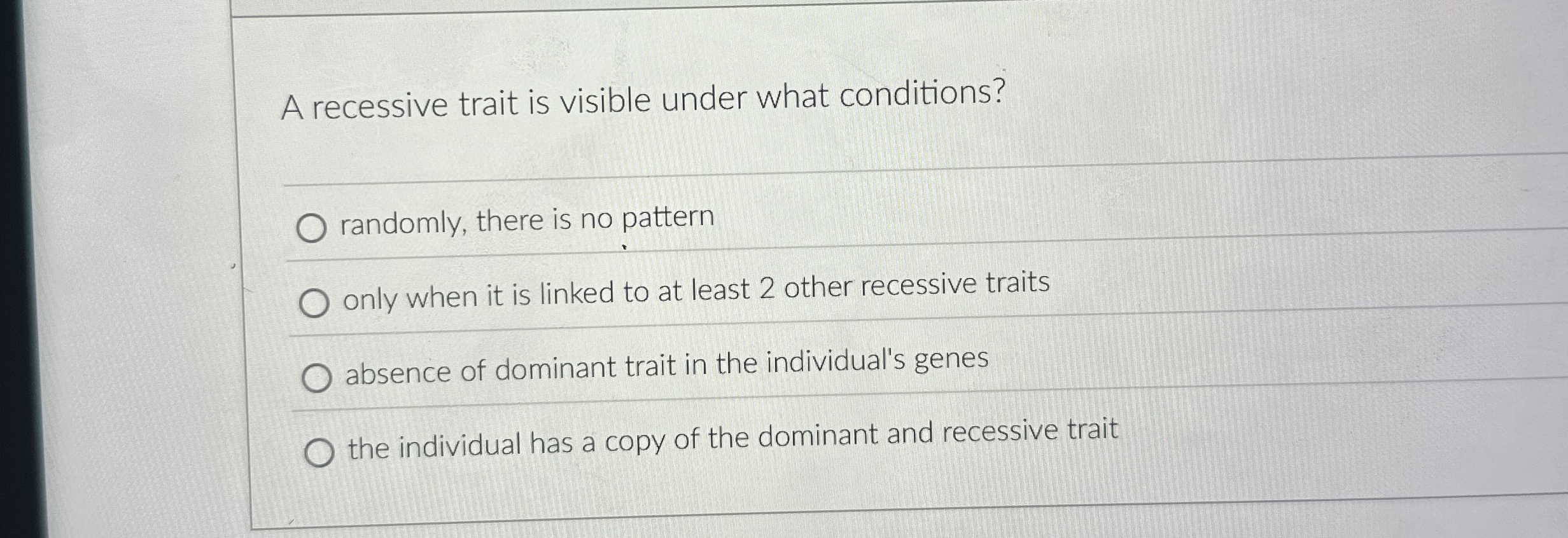 Solved A recessive trait is visible under what | Chegg.com