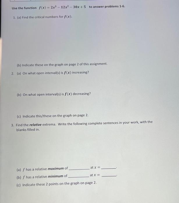 Solved Use The Function F X 2x3−12x2−30x 5 To Answer