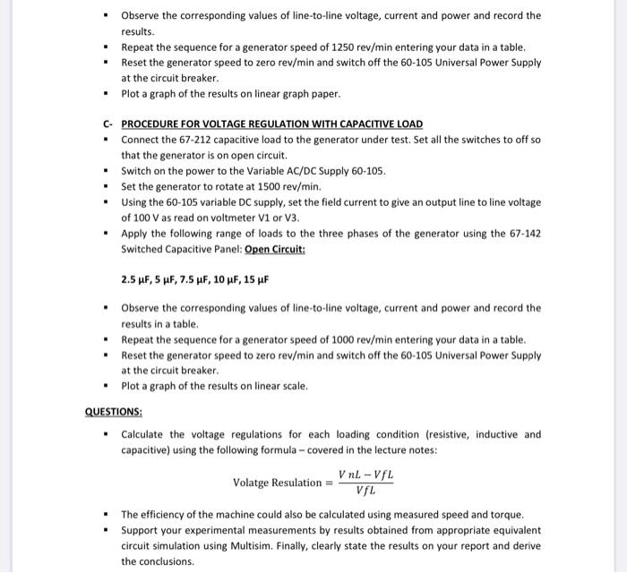 Task 2: Voltage Regulation of Synchronous Generators | Chegg.com