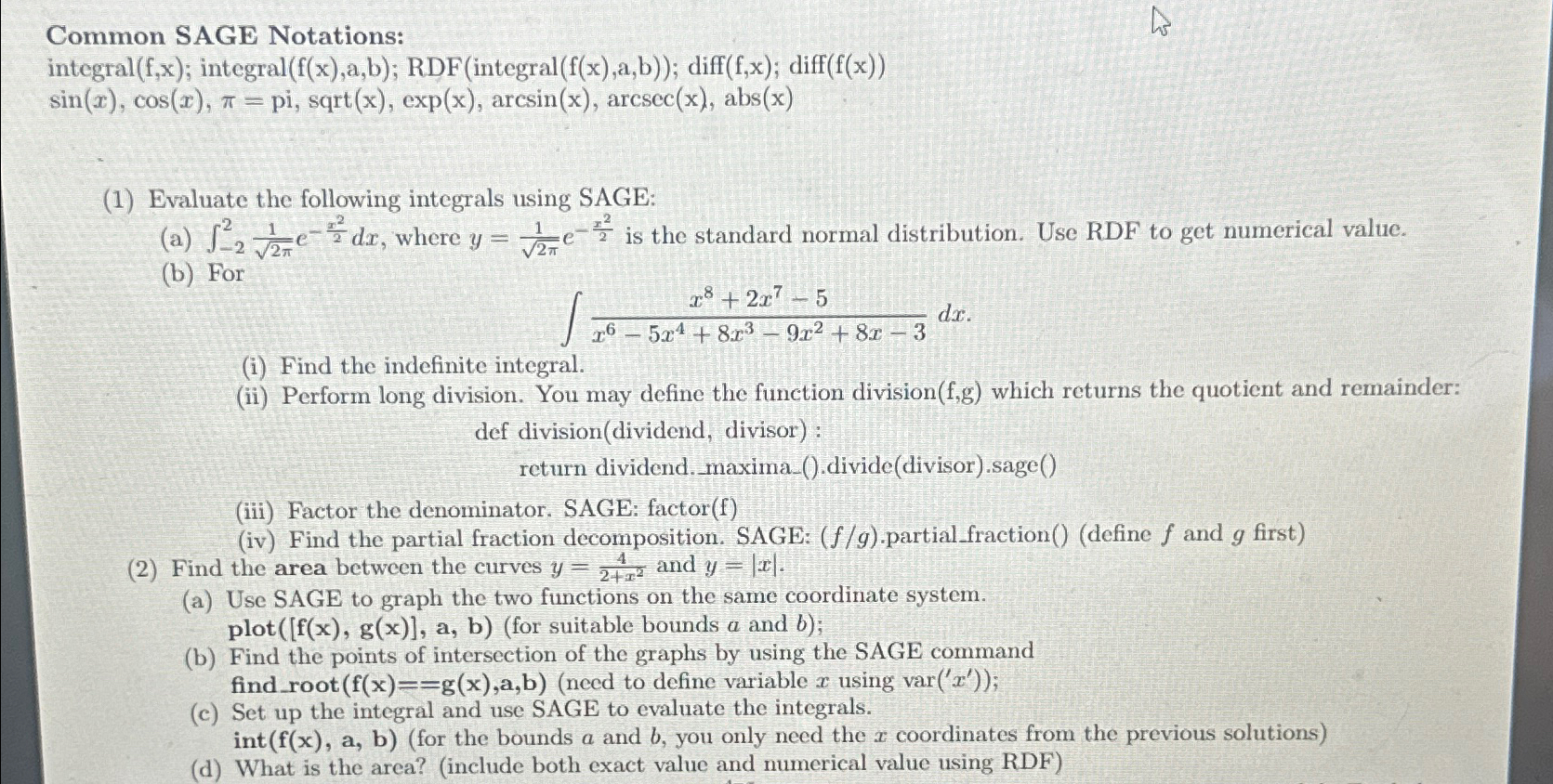 Solved Common SAGE Notations:integral | Chegg.com