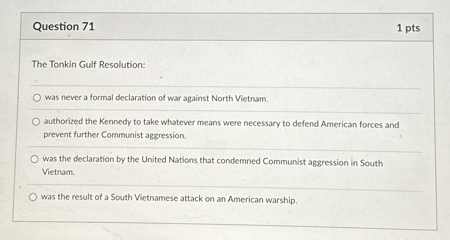 Solved Question 711 ﻿ptsThe Tonkin Gulf Resolution:was never | Chegg.com