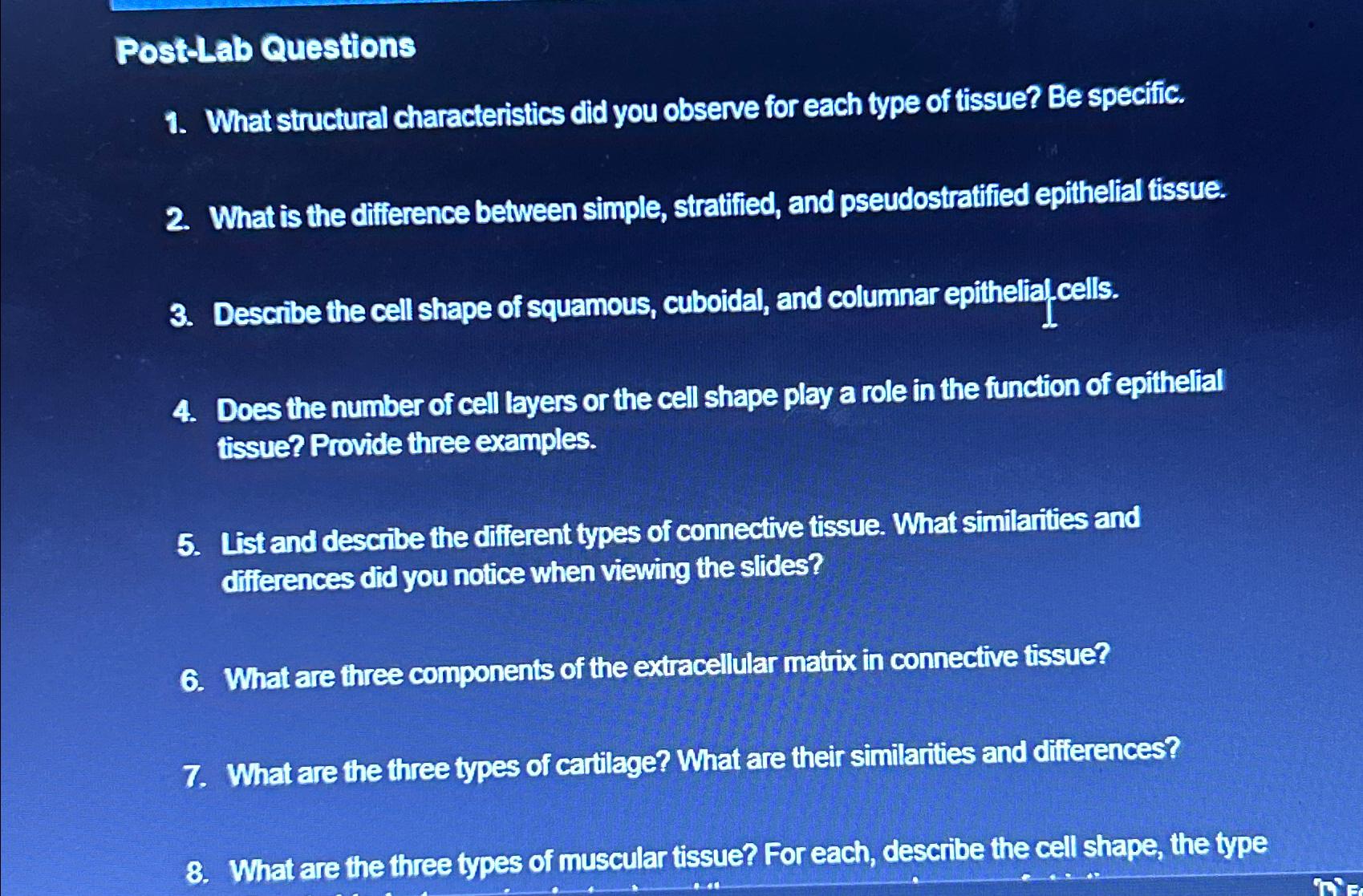 Solved PostLab QuestionsWhat structural characteristics did | Chegg.com